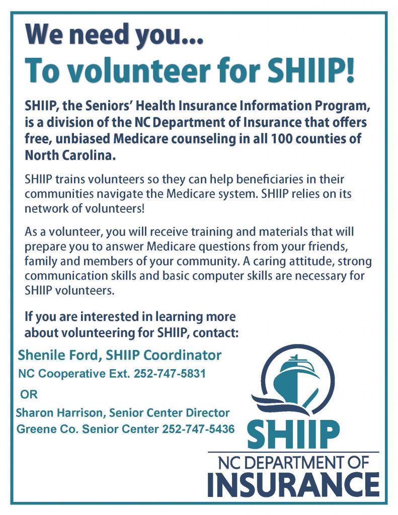 Volunteers Needed for SHIIP – Greene County, North Carolina
